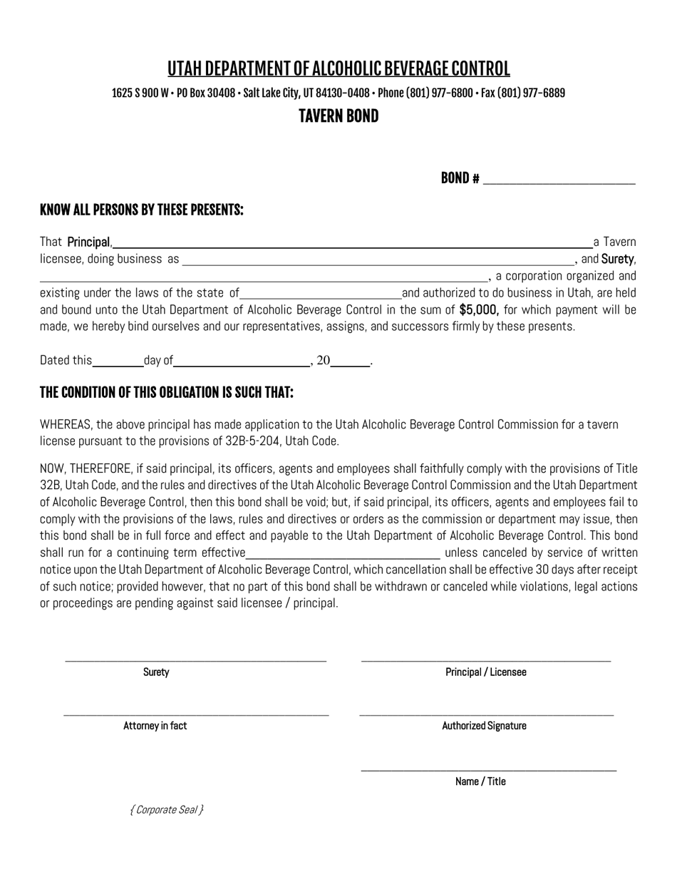 Utah Tavern Bond - Fill Out, Sign Online and Download PDF | Templateroller