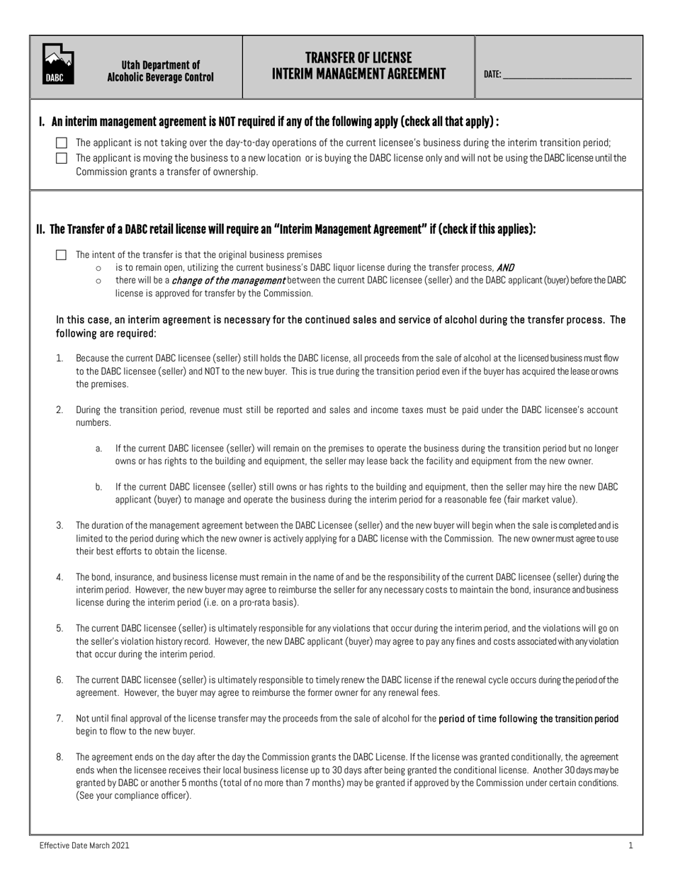 Utah Transfer of License Interim Management Agreement - Fill Out, Sign ...
