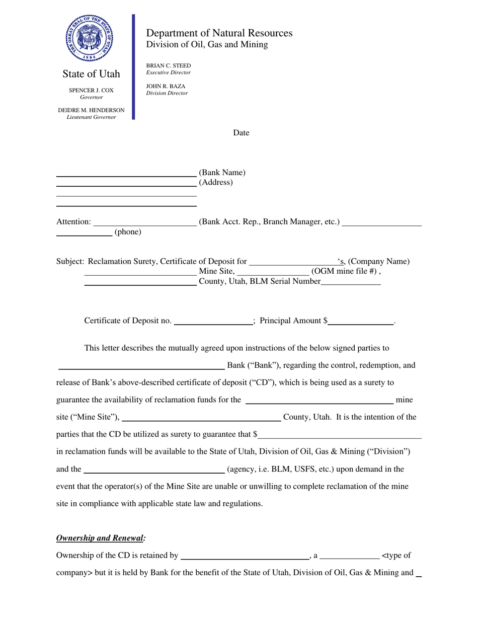 Utah Joint Certificate of Deposit - Fill Out, Sign Online and Download ...