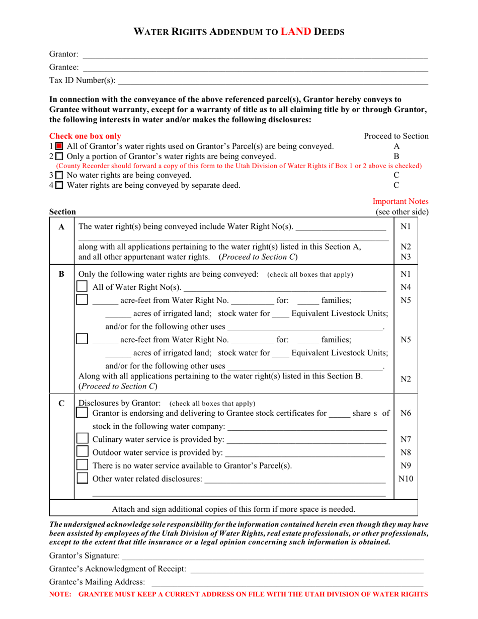 Utah Water Rights Addendum to Land Deeds - Fill Out, Sign Online and ...