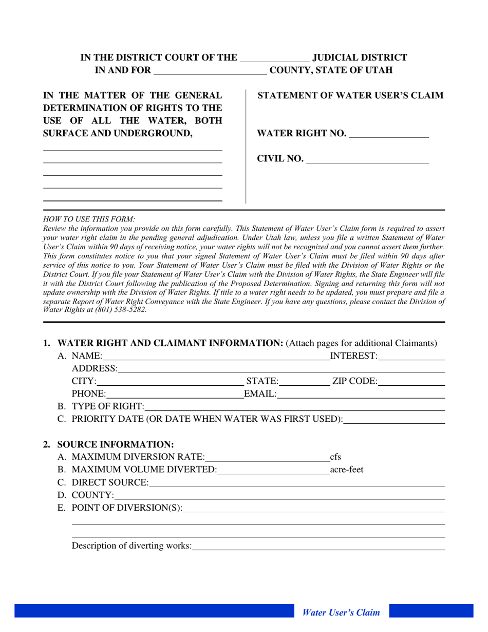 Utah Statement of Water User's Claim - Fill Out, Sign Online and ...