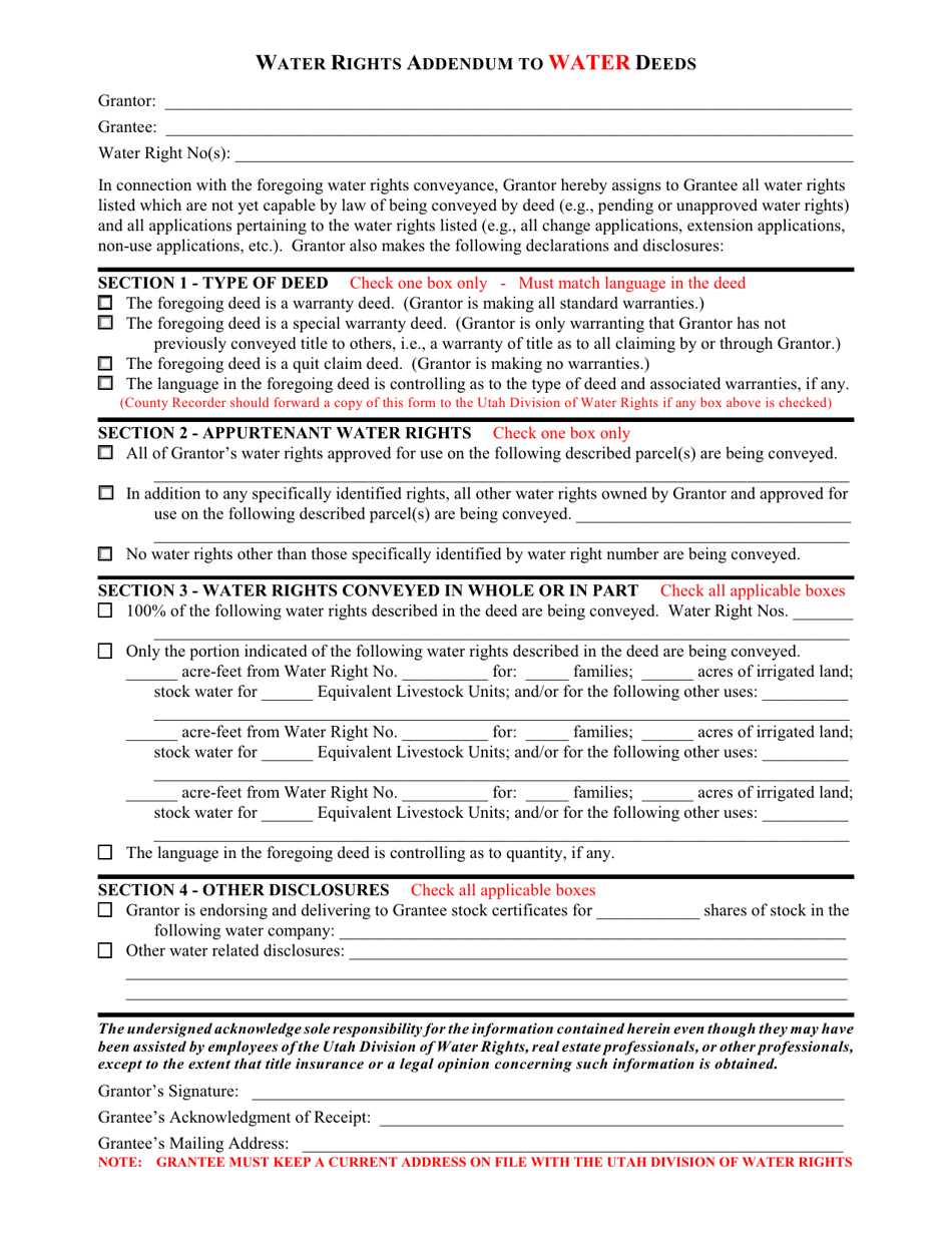 Utah Water Rights Addendum to Water Deeds - Fill Out, Sign Online and ...