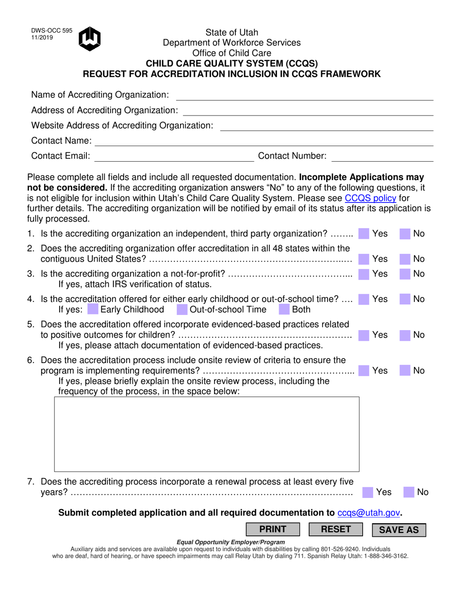 Form DWS-OCC595 - Fill Out, Sign Online and Download Fillable PDF, Utah ...