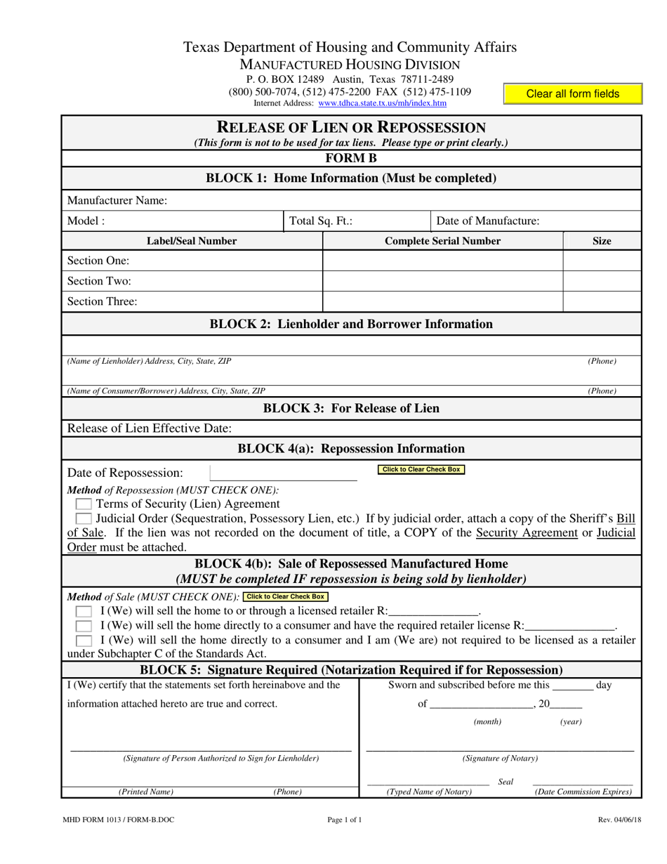 MHD Form 1013 (B) - Fill Out, Sign Online and Download Fillable PDF ...