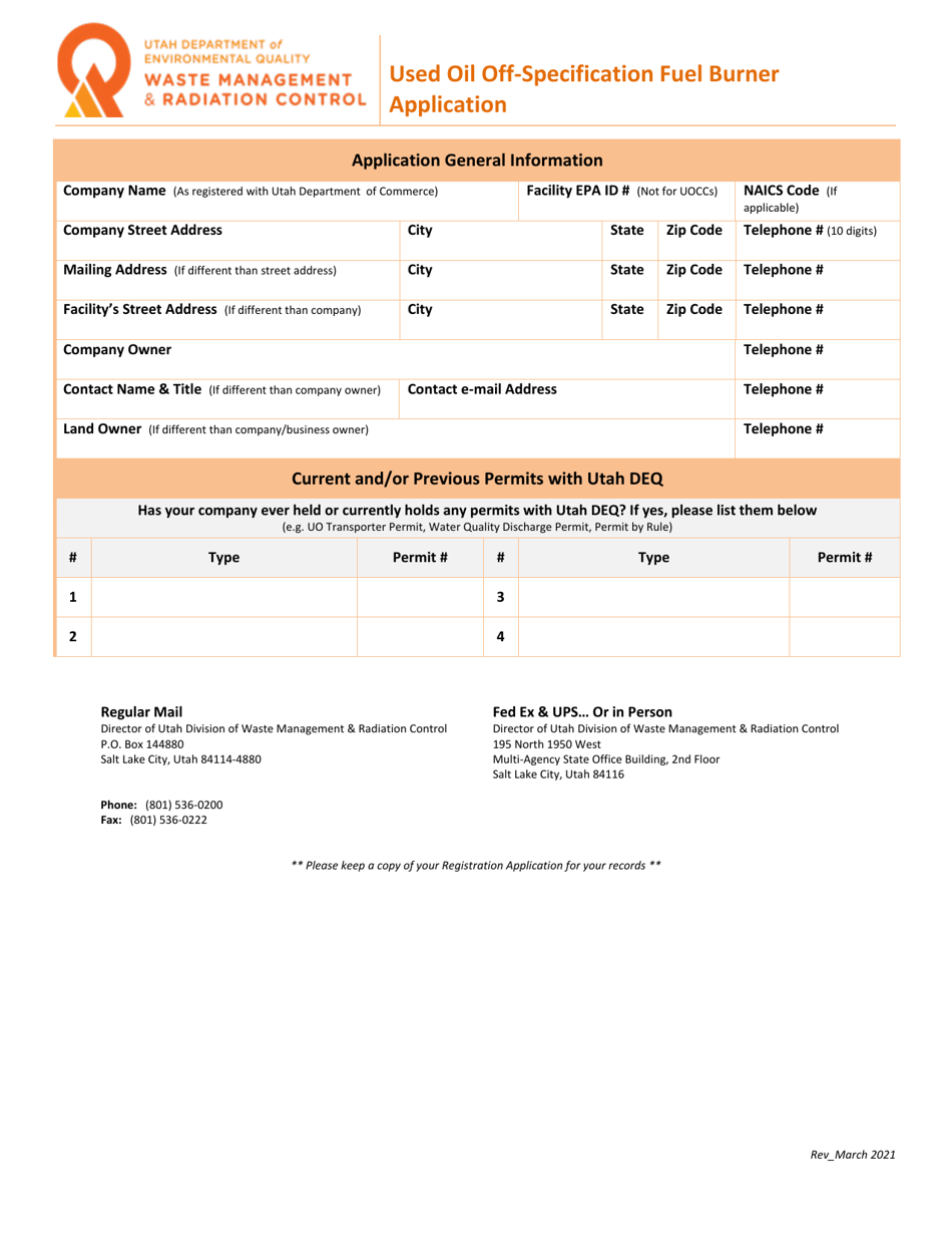 Utah Used Oil off-Specification Fuel Burner Application - Fill Out ...