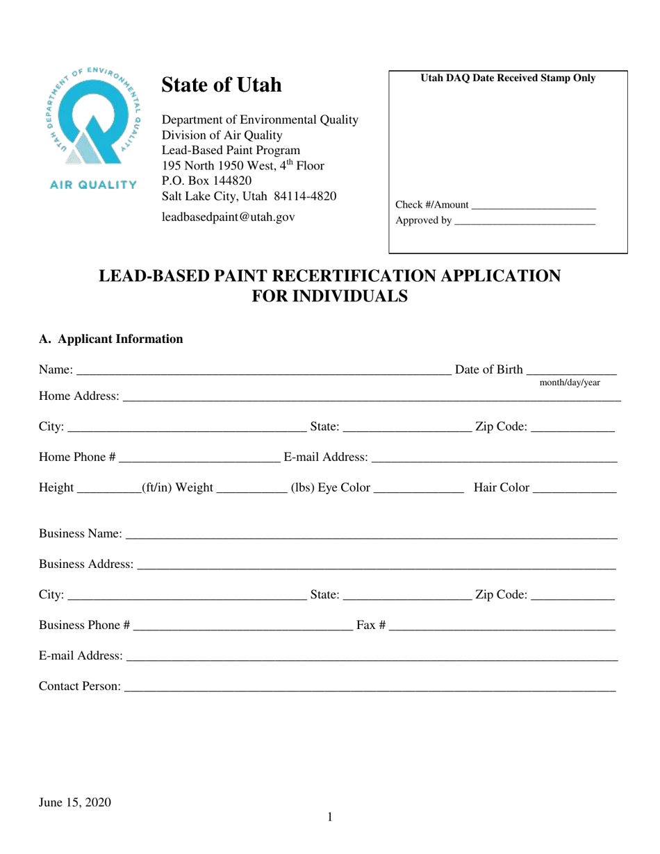 Utah Lead-Based Paint Recertification Application for Individuals ...