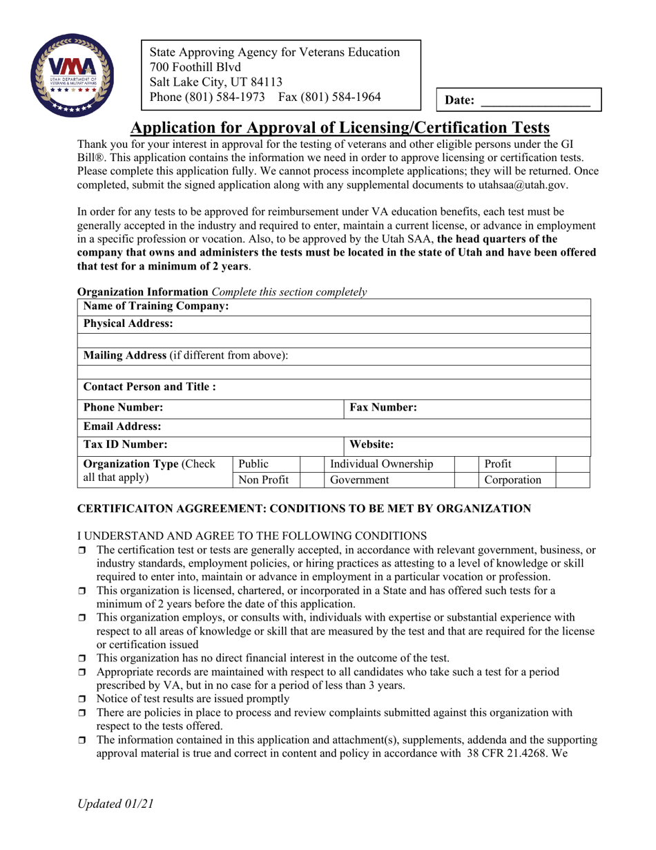 Utah Application for Approval of Licensing/Certification Tests - Fill ...