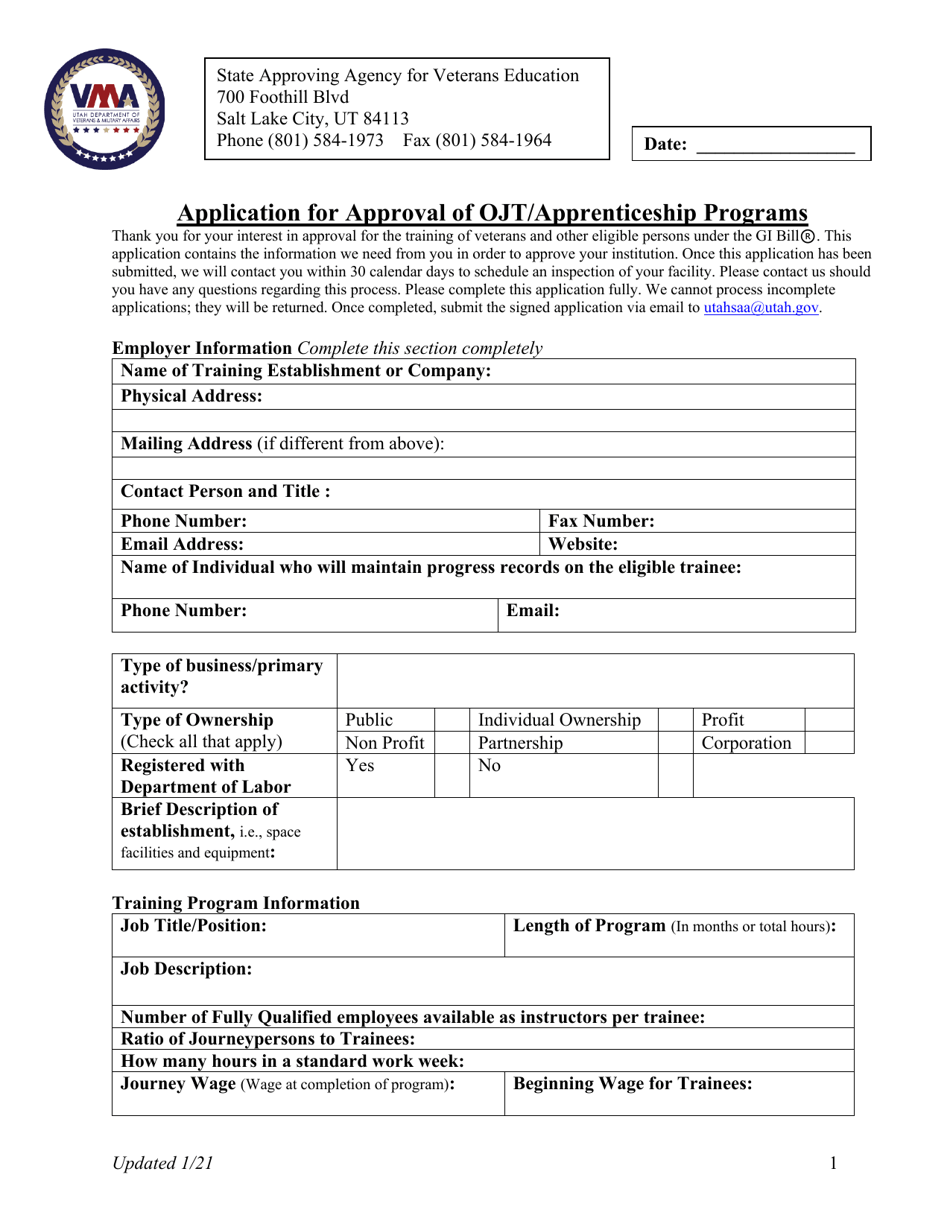Utah Application for Approval of Ojt/Apprenticeship Programs - Fill Out, Sign Online and ...