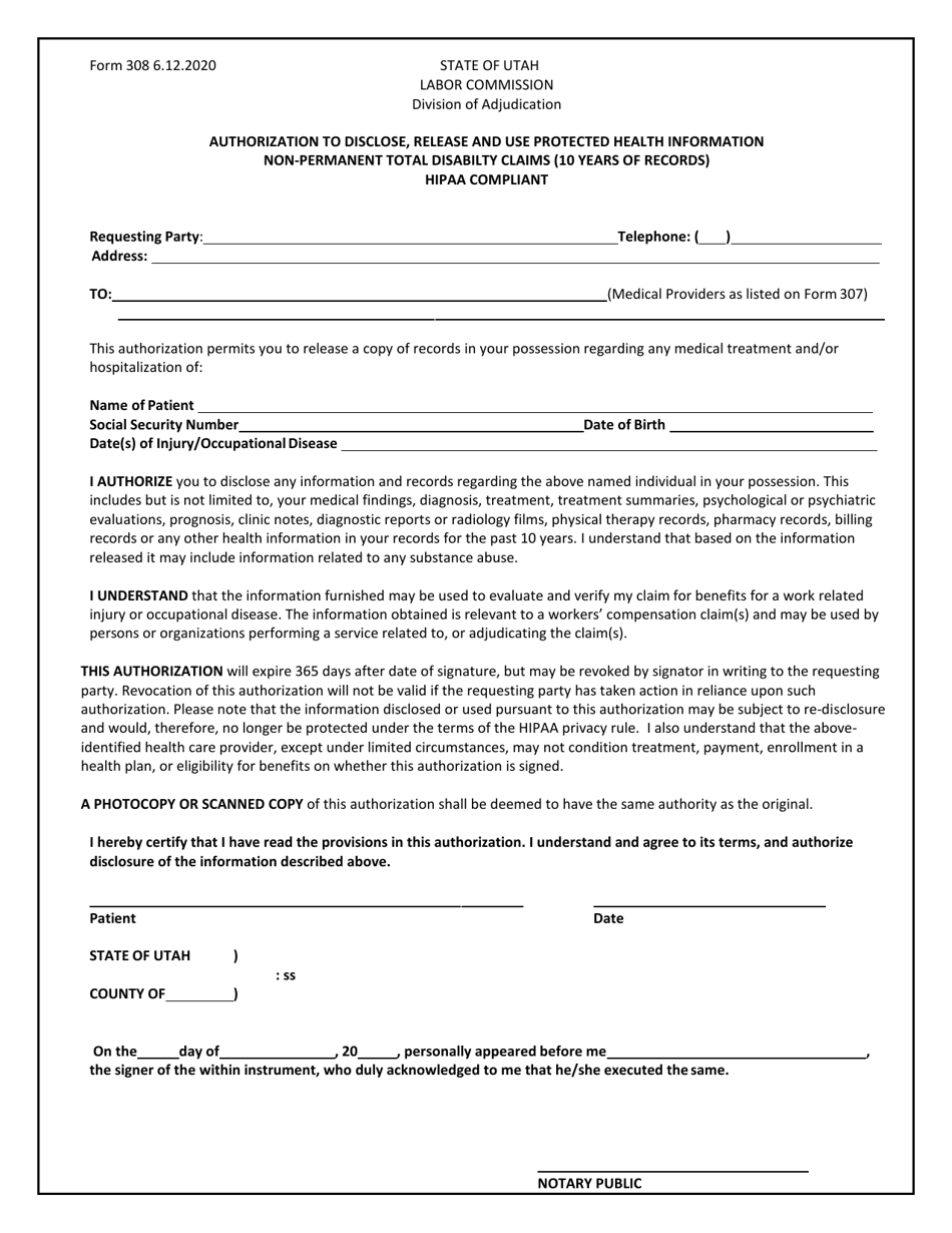 Form 308 - Fill Out, Sign Online and Download Printable PDF, Utah ...