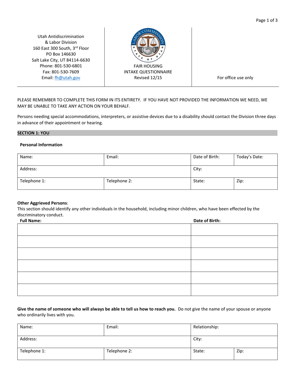 Utah Fair Housing Intake Questionnaire - Fill Out, Sign Online and ...