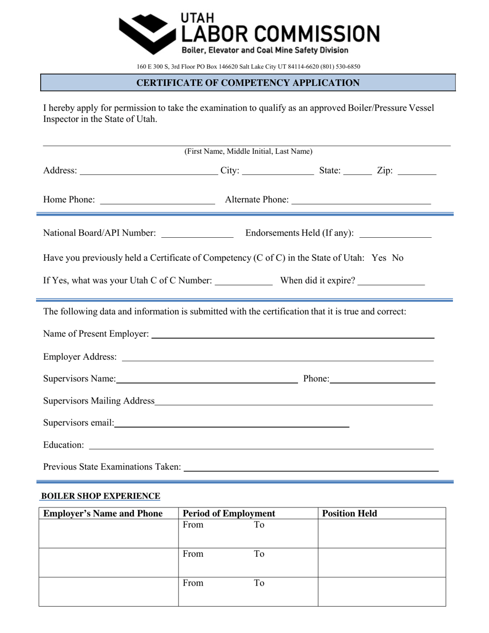 Utah Certificate of Competency Application - Fill Out, Sign Online and ...