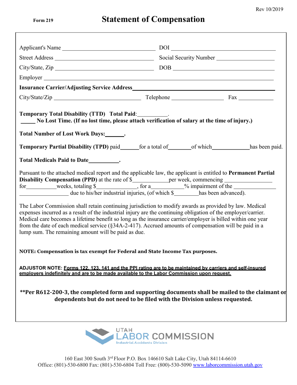 Form 219 - Fill Out, Sign Online and Download Fillable PDF, Utah ...