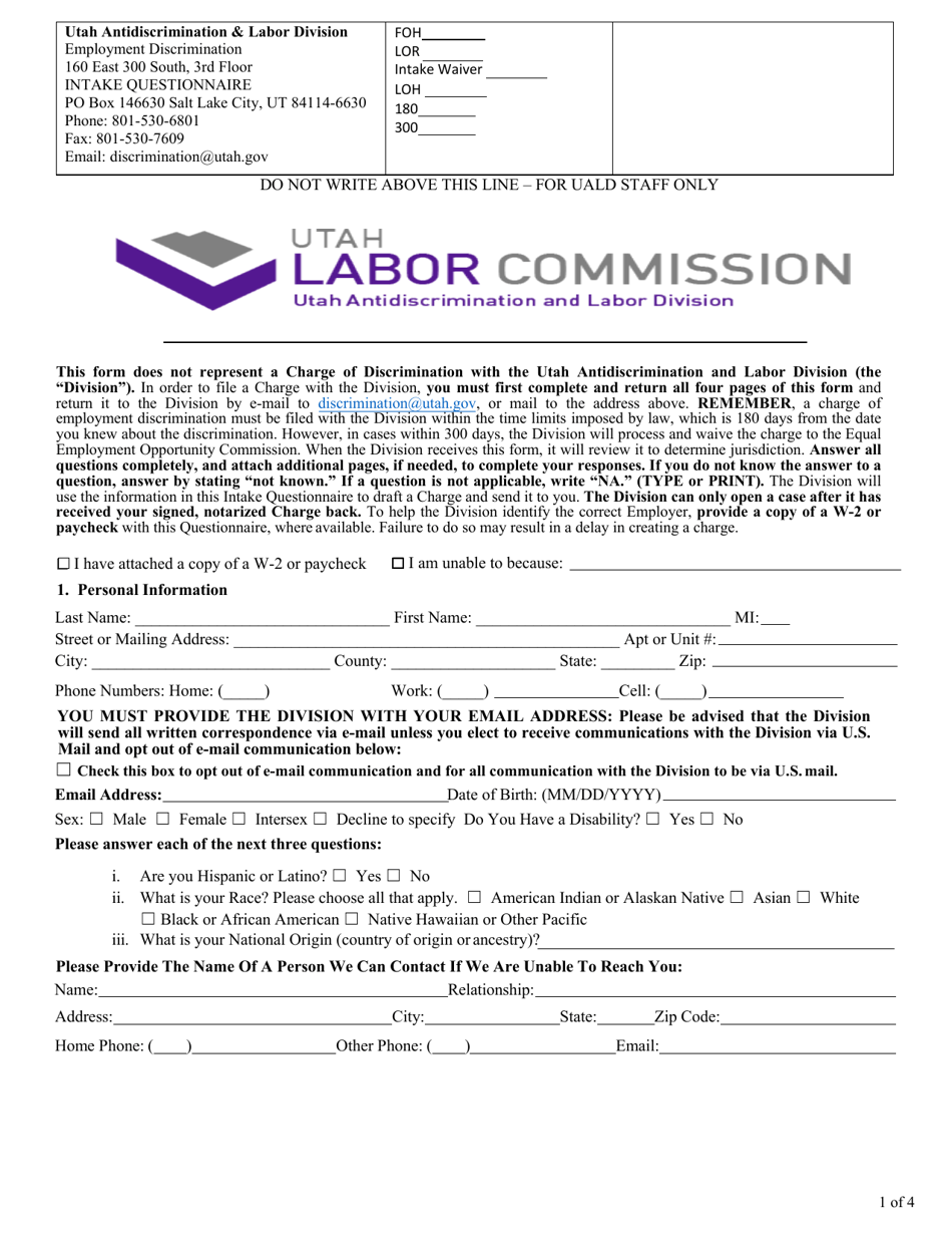 Utah Employment Discrimination Questionnaire - Fill Out, Sign Online ...