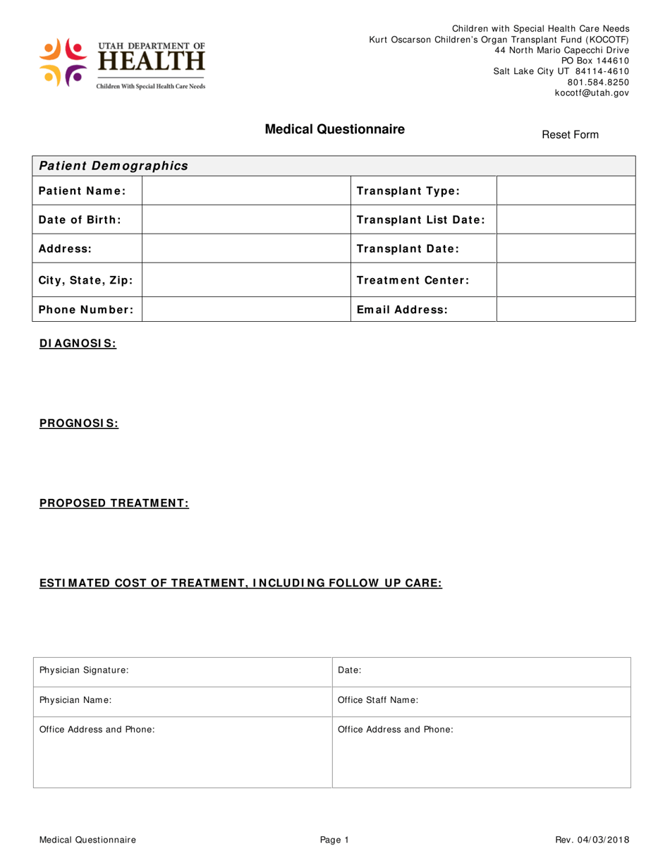 Utah Medical Questionnaire - Fill Out, Sign Online and Download PDF ...