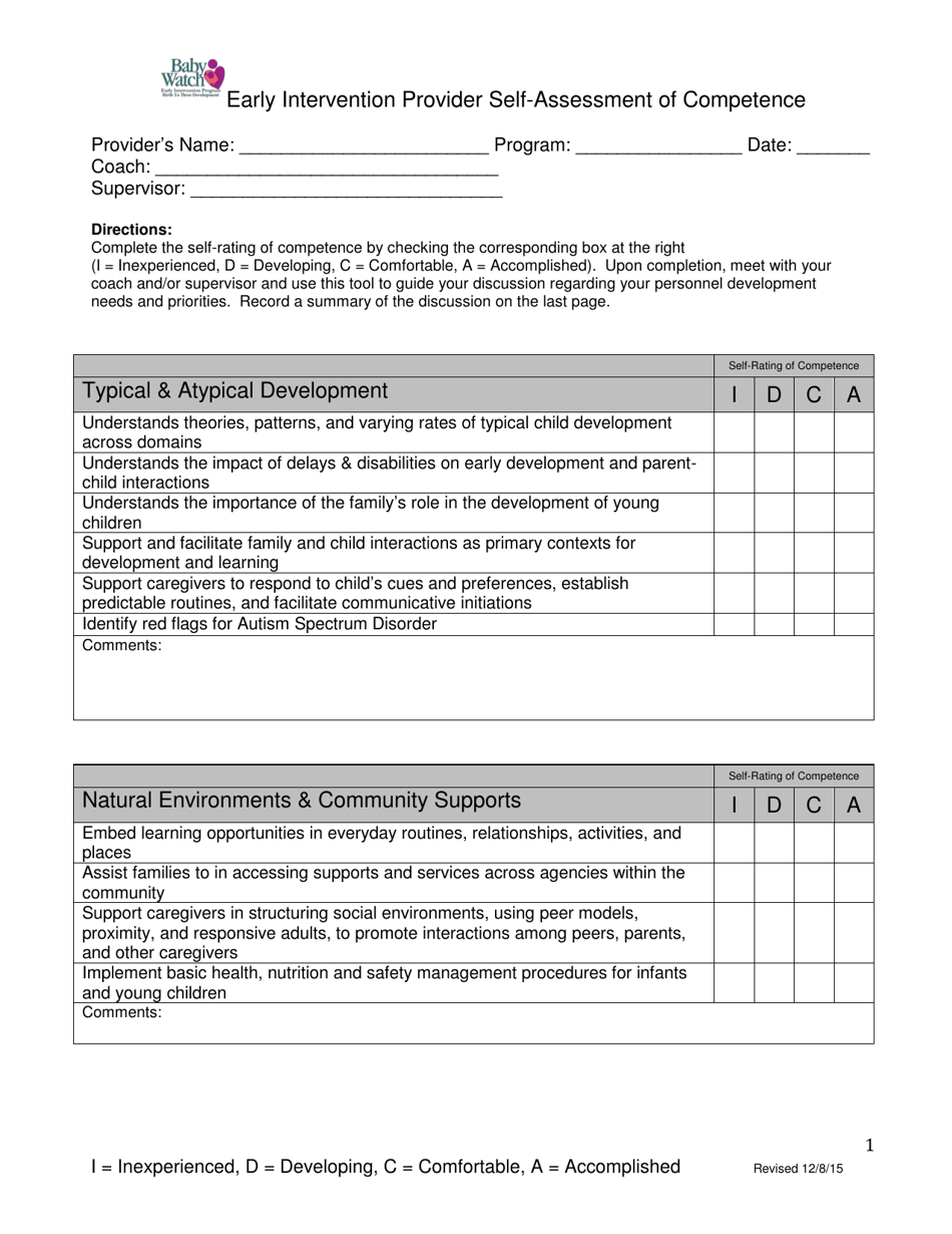 Utah Early Intervention Provider Self-assessment of Competence - Fill ...