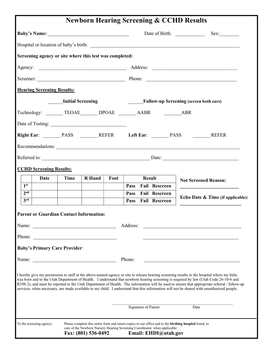 Utah Newborn Hearing Screening & Cchd Results - Fill Out, Sign Online ...