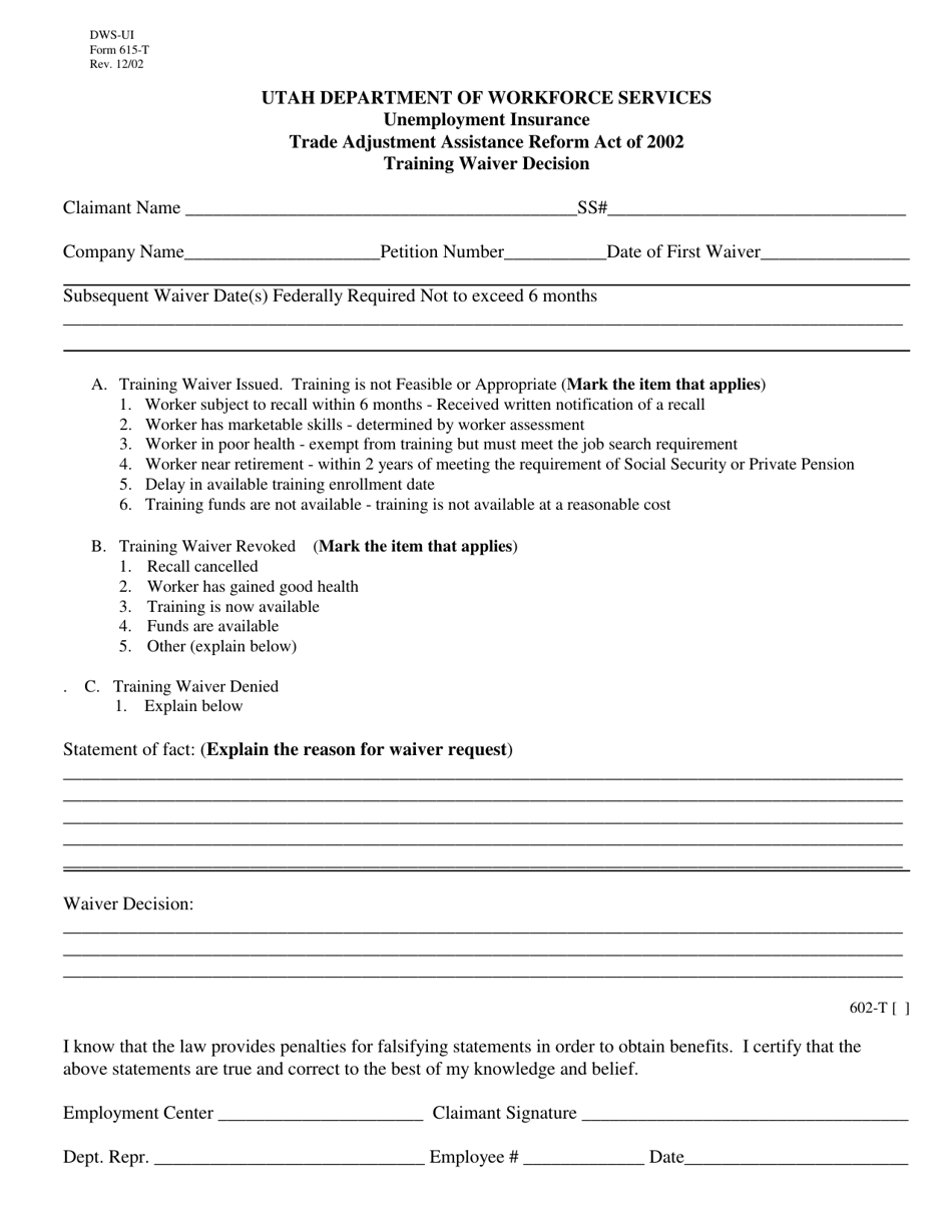 DWS-UI Form 615-T - Fill Out, Sign Online and Download Printable PDF ...