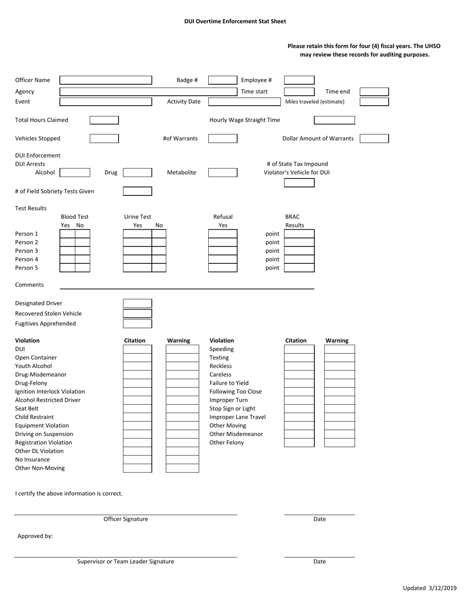 Utah Dui Overtime Enforcement Stat Sheet - Fill Out, Sign Online and ...
