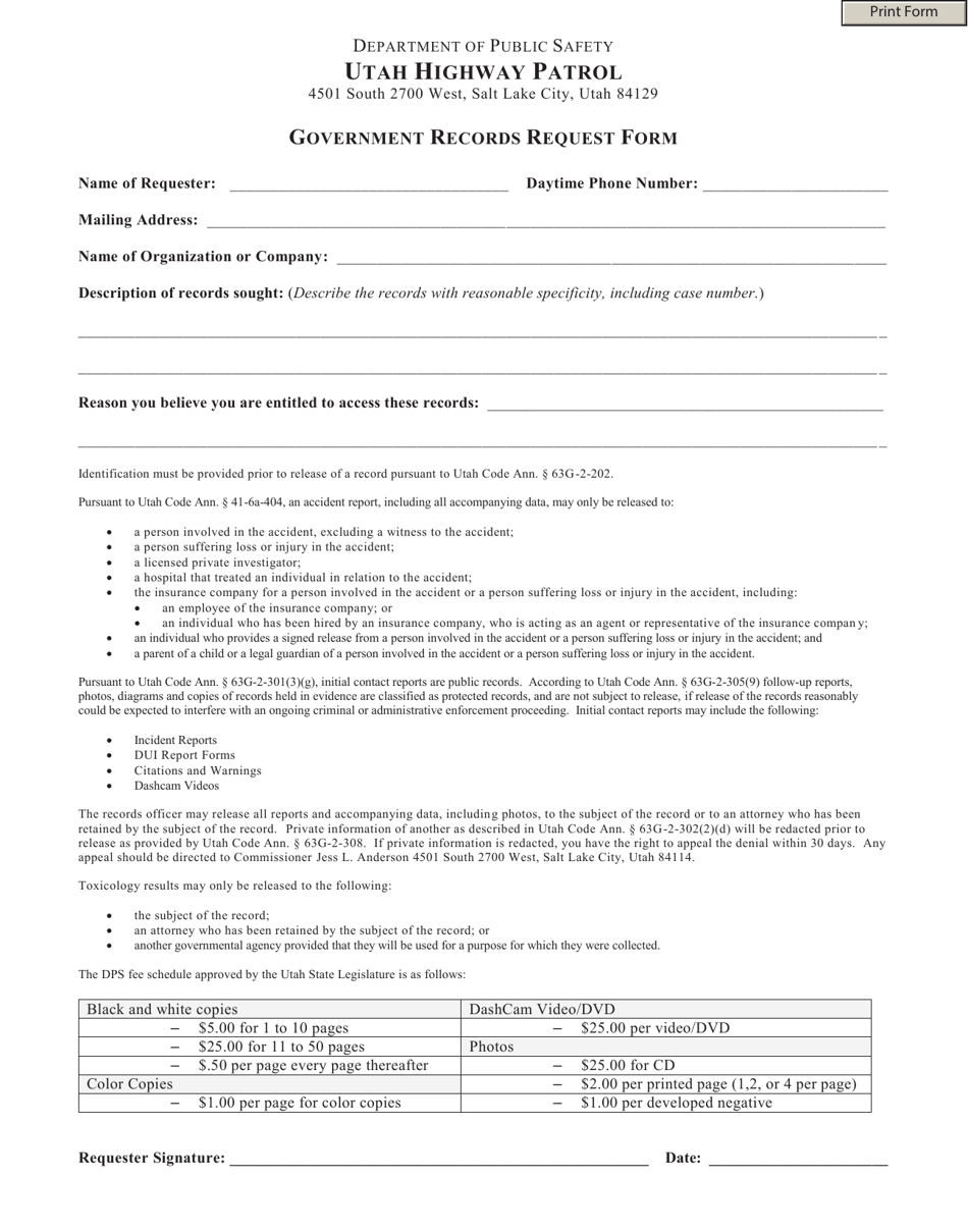 Utah Government Records Request Form - Fill Out, Sign Online and Download PDF | Templateroller