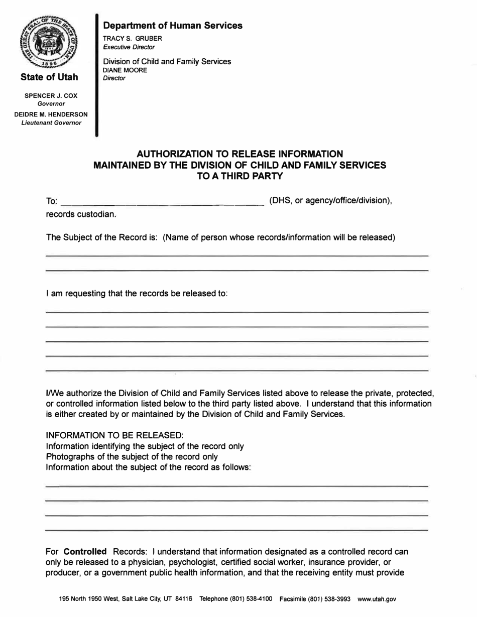Utah Authorization to Release Information Maintained by the Division of ...
