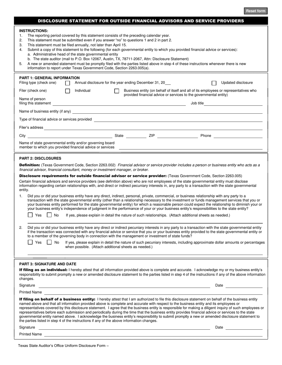 Texas Disclosure Statement for Outside Financial Advisors and Service ...