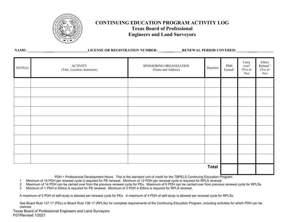 Form F07 - Fill Out, Sign Online and Download Fillable PDF, Texas ...