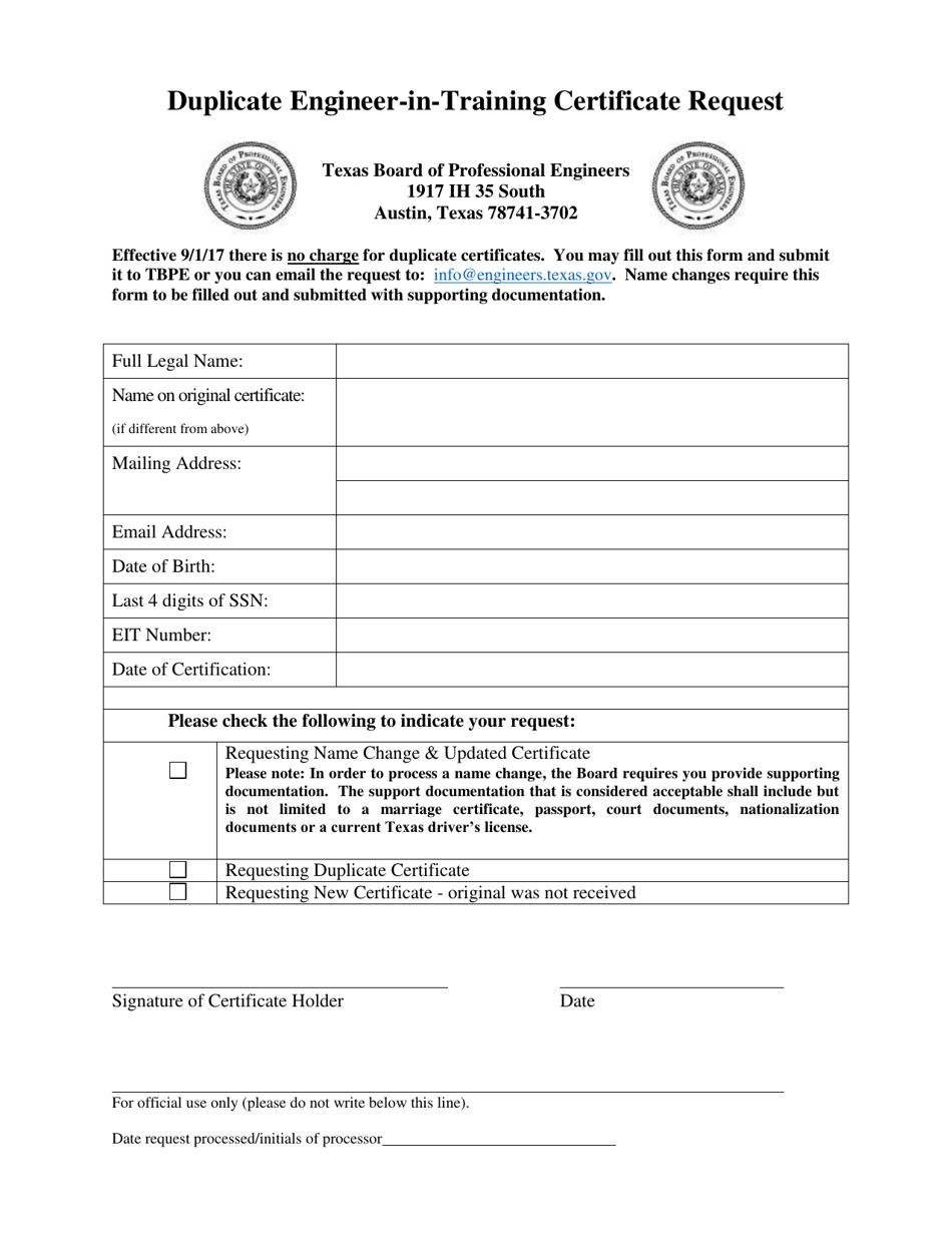 Texas Duplicate Engineer-In-training Certificate Request - Fill Out ...