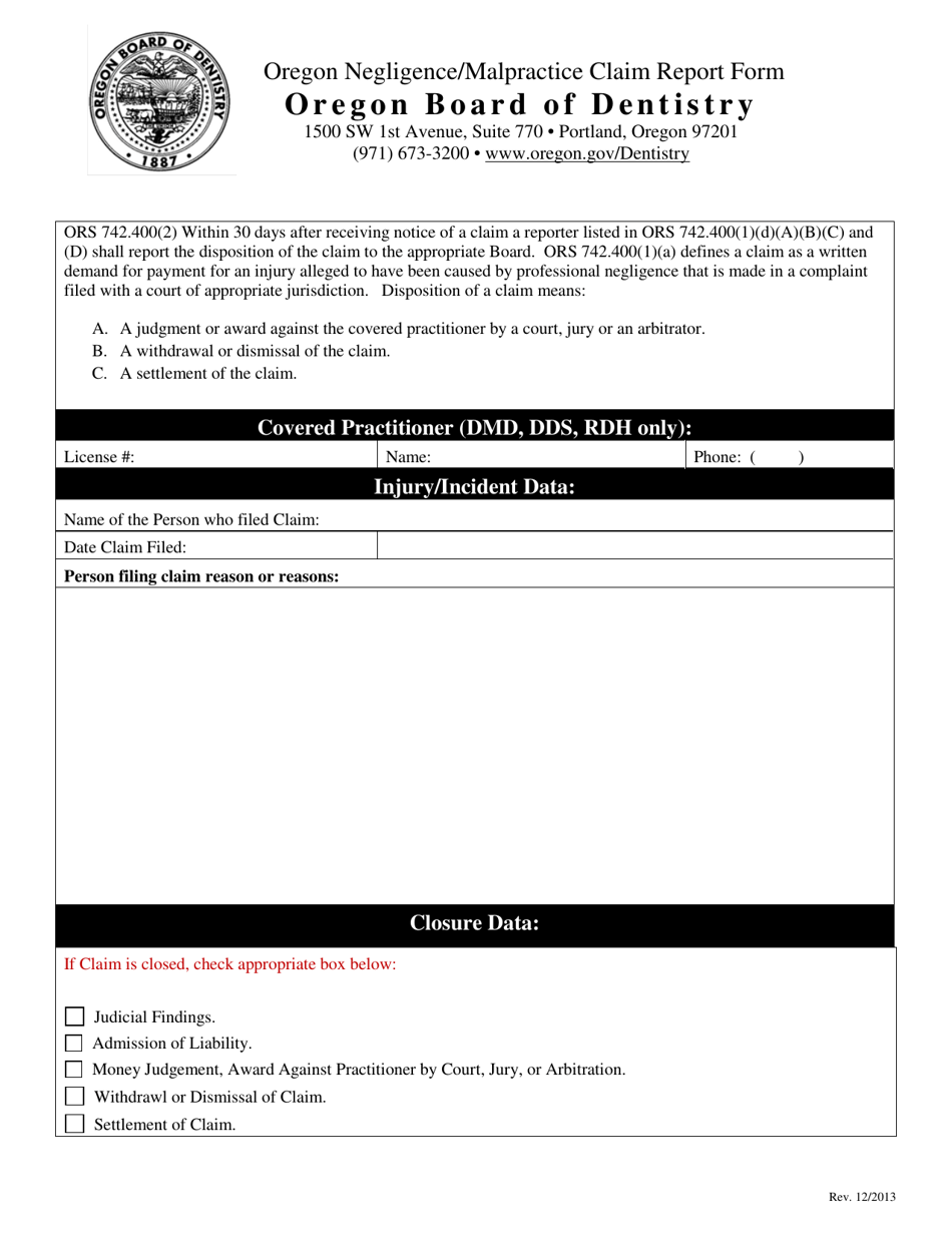 Oregon Oregon Negligence/Malpractice Claim Report Form - Fill Out, Sign ...