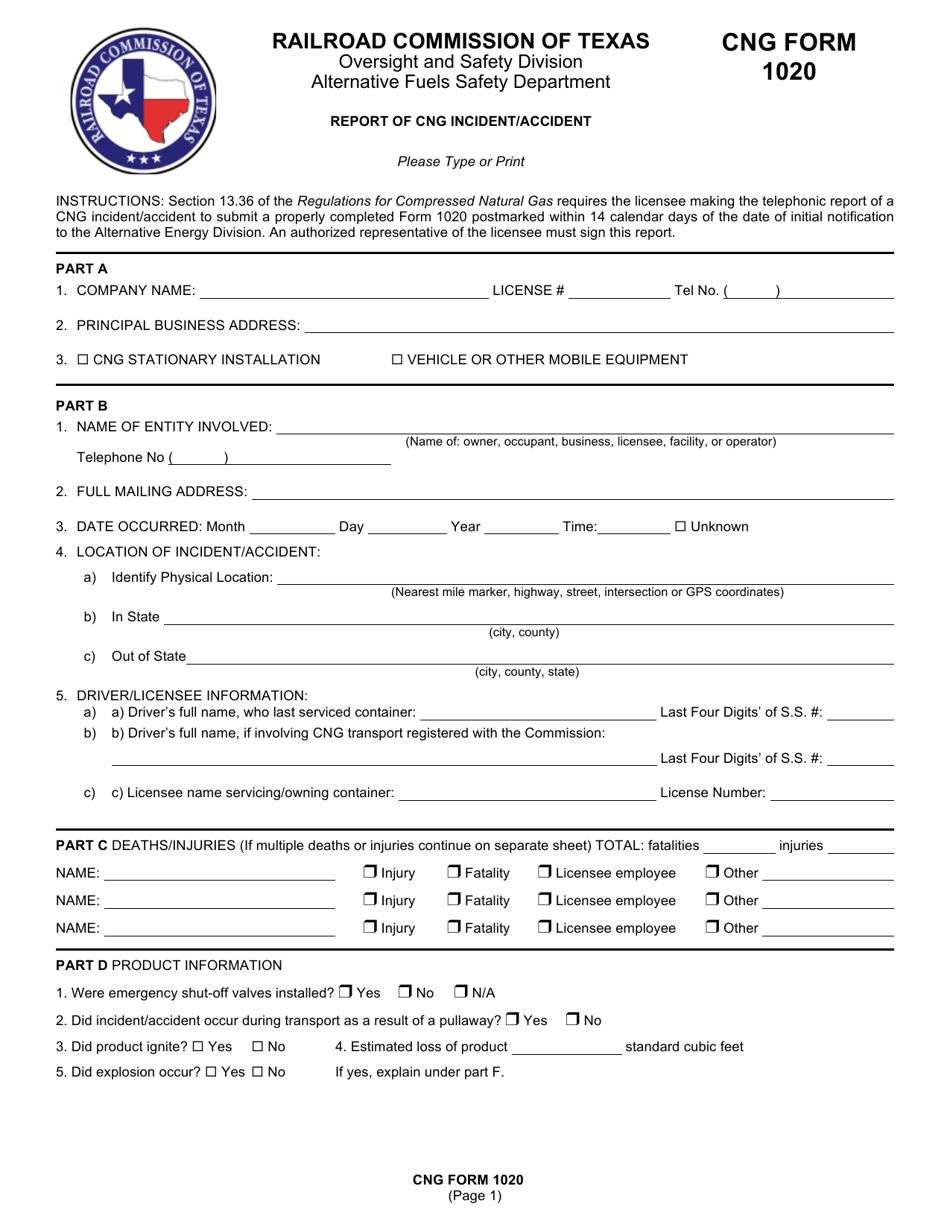 CNG Form 1020 - Fill Out, Sign Online and Download Fillable PDF, Texas ...