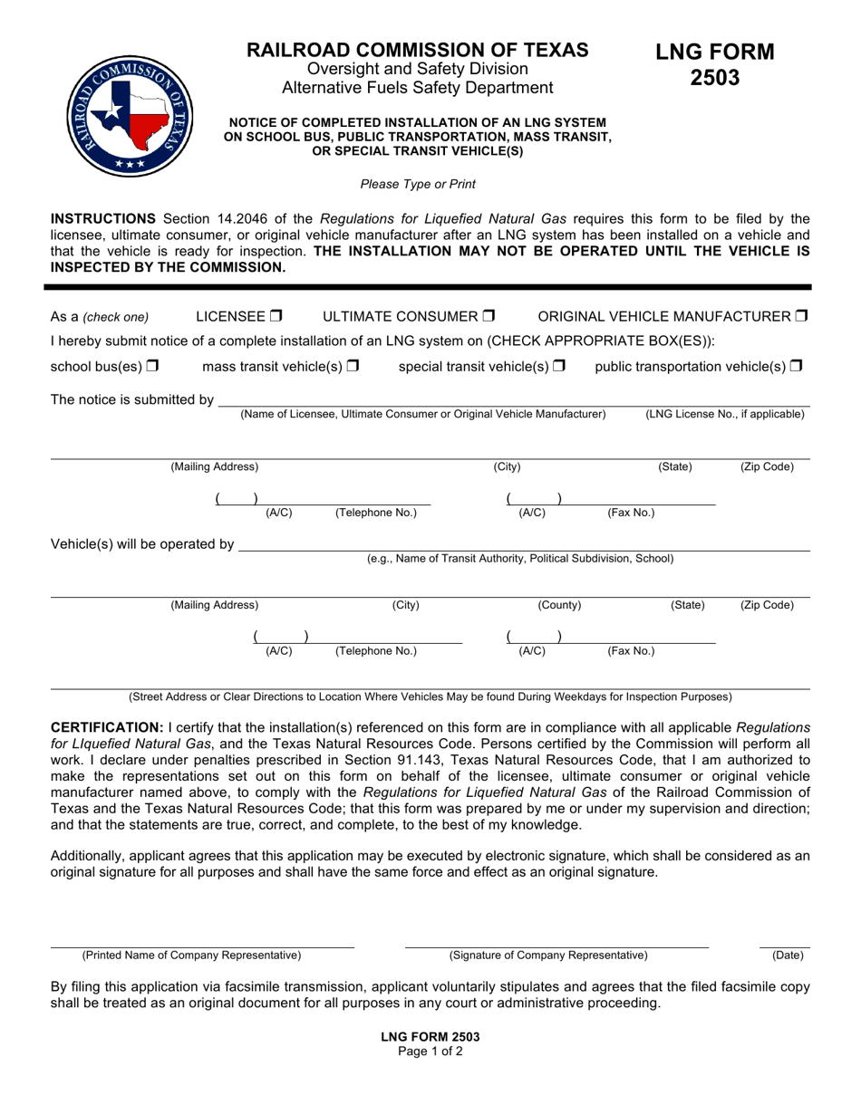 LNG Form 2503 - Fill Out, Sign Online and Download Fillable PDF, Texas ...