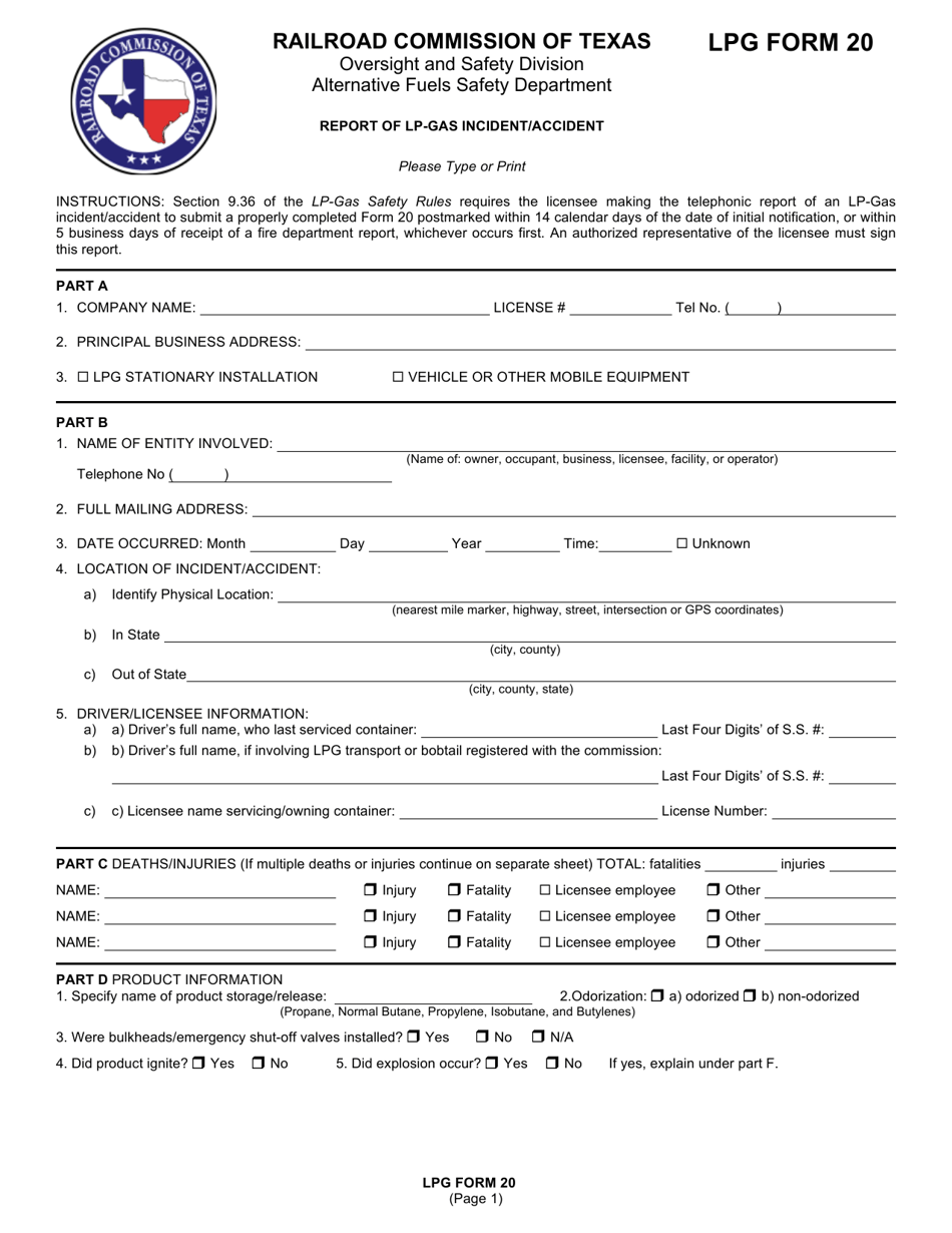 LPG Form 20 - Fill Out, Sign Online and Download Fillable PDF, Texas ...