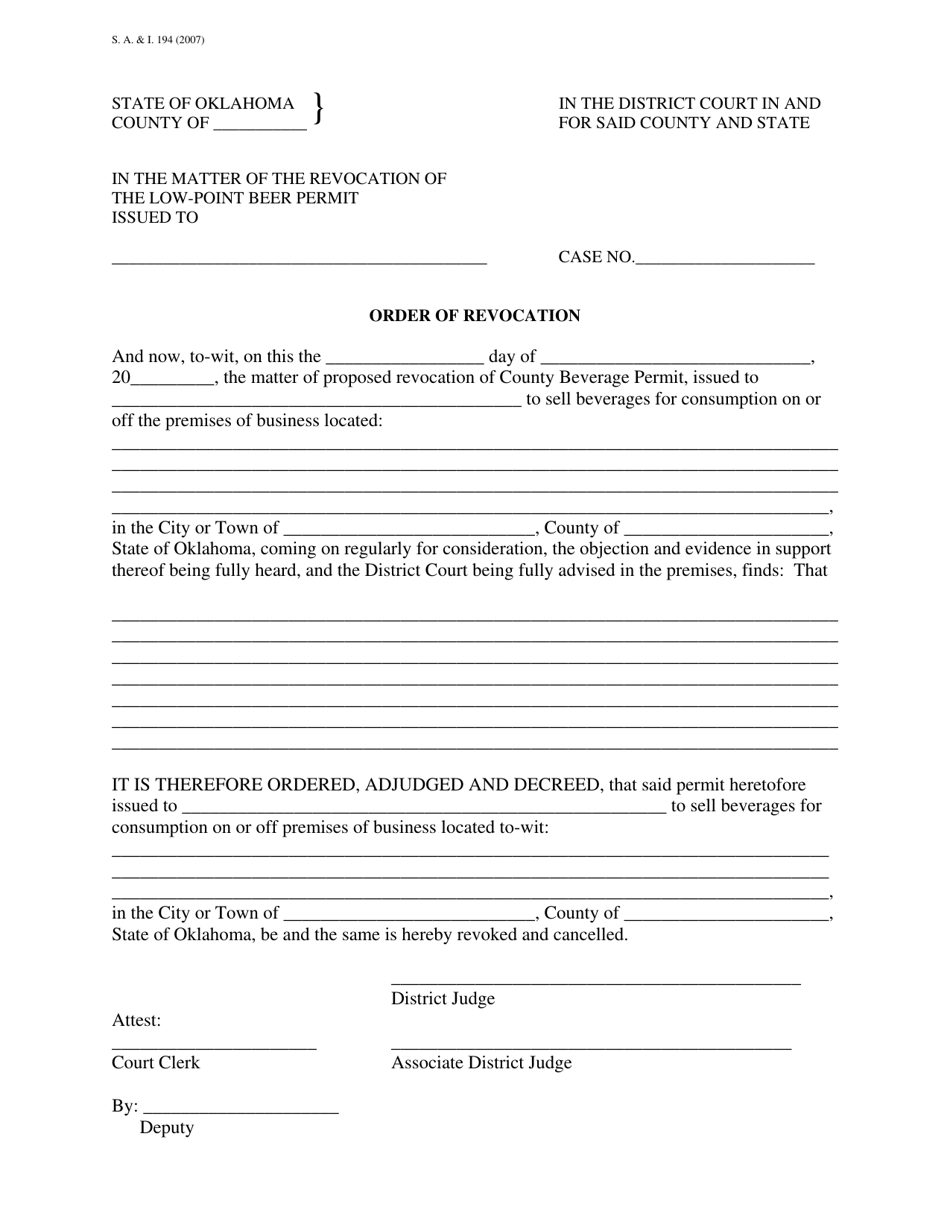 Form S.A.& I.194 Download Printable PDF or Fill Online Order of ...