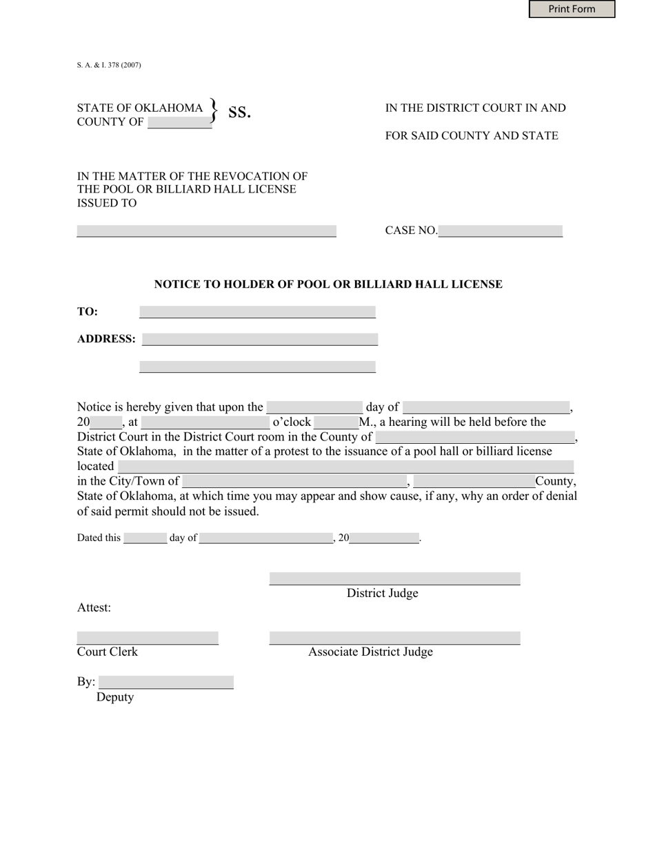 Form S.A.& I.378 - Fill Out, Sign Online and Download Fillable PDF ...