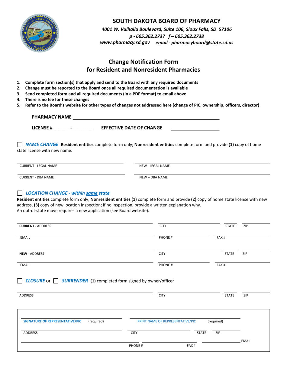 South Dakota Change Notification Form for Resident and Nonresident ...