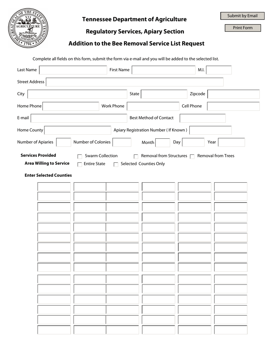Tennessee Addition to the Bee Removal Service List Request - Fill Out ...