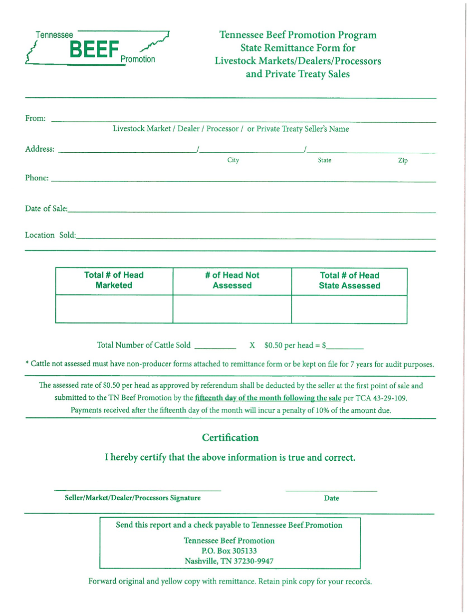 Tennessee Tennessee Beef Promotion Program State Remittance Form for ...
