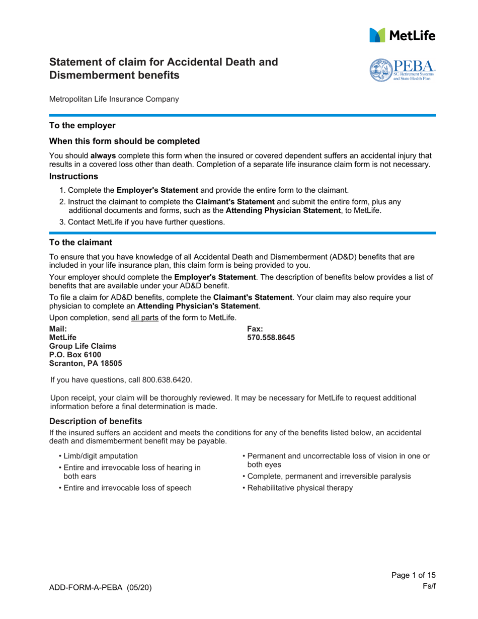 South Carolina Statement of Claim for Accidental Death and ...