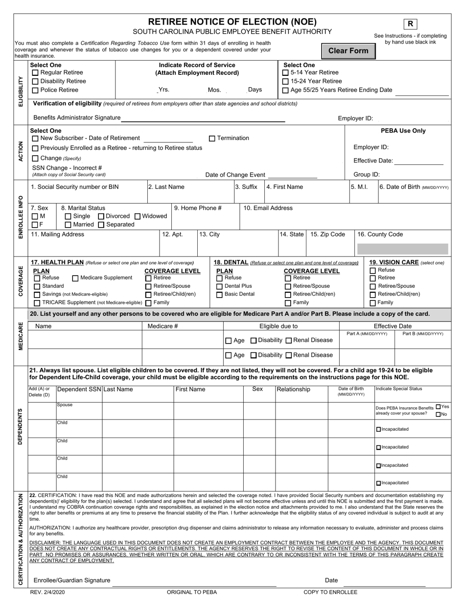 South Carolina Retiree Notice of Election (Noe) - Fill Out, Sign Online ...