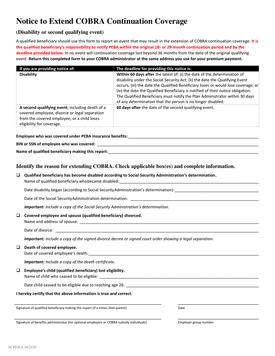 South Carolina Notice to Extend Cobra Continuation Coverage - Fill Out, Sign Online and Download ...