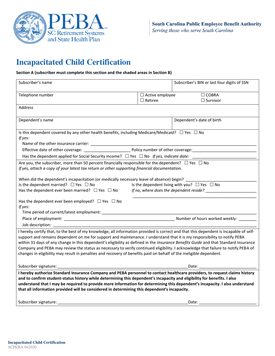 South Carolina Incapacitated Child Certification - Fill Out, Sign ...