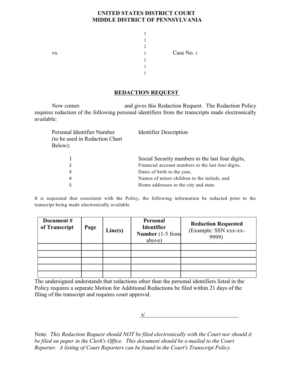 Pennsylvania Redaction Request - Fill Out, Sign Online and Download PDF ...