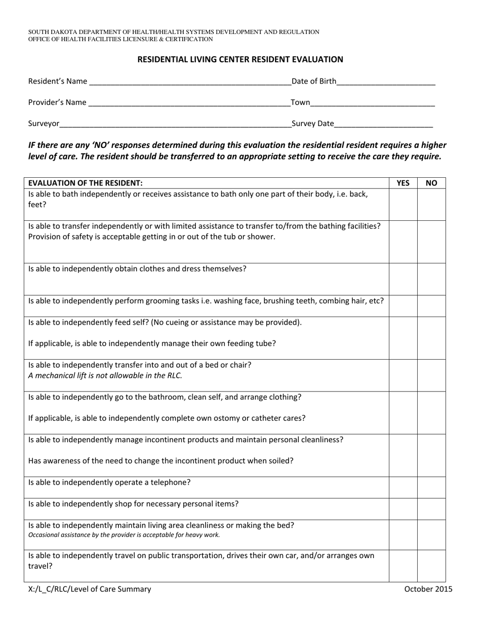 South Dakota Residential Living Center Resident Evaluation - Fill Out ...