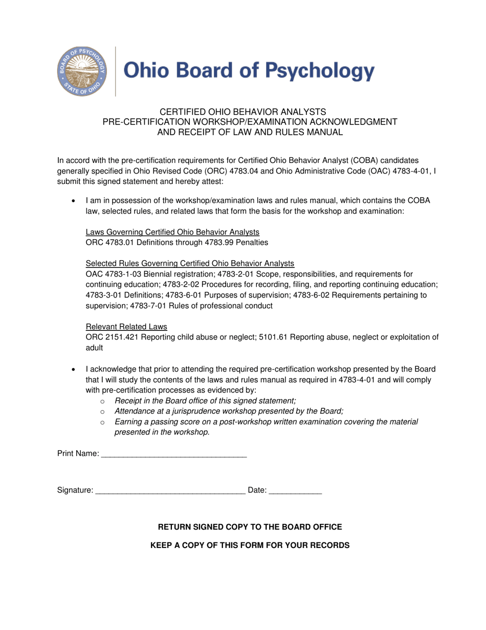 Ohio Pre-certification Workshop/Examination Acknowledgment and Receipt ...