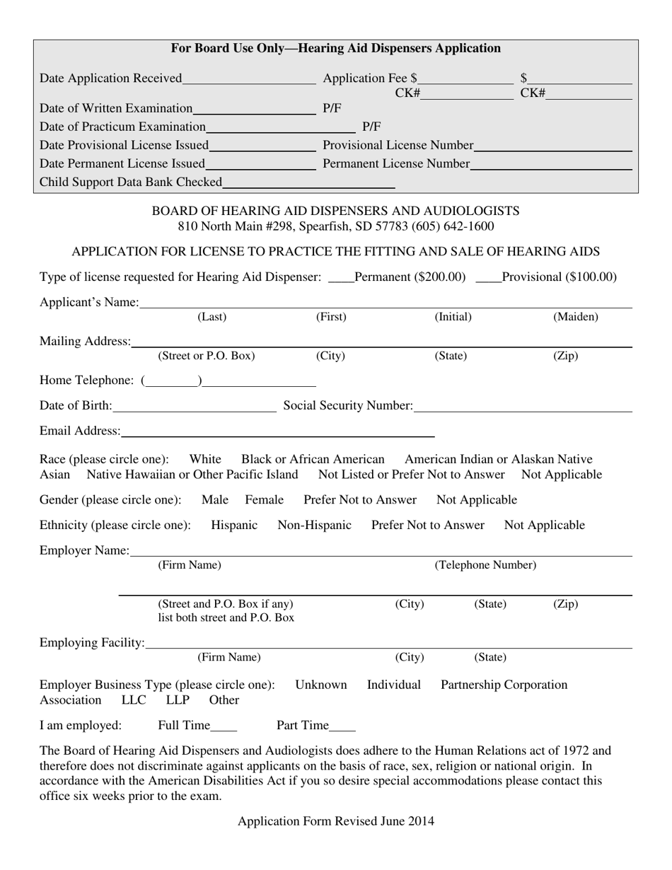 South Dakota Application for License to Practice the Fitting and Sale ...