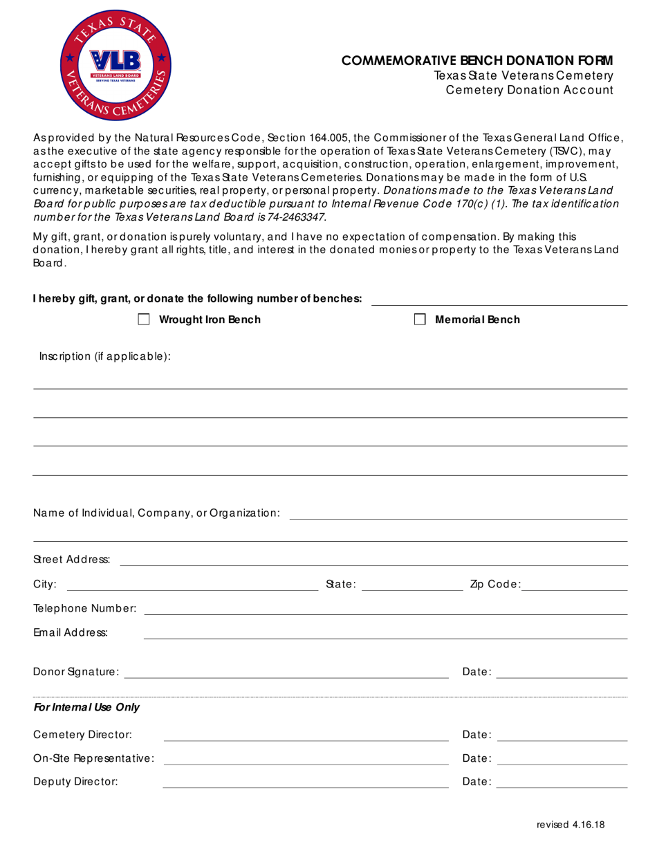 Texas Commemorative Bench Donation Form - Fill Out, Sign Online and Download PDF | Templateroller