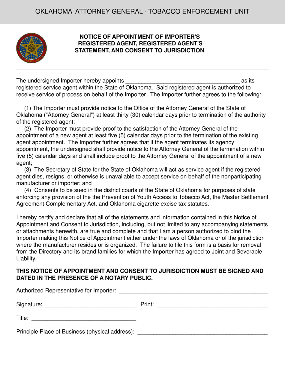 Oklahoma Notice of Appointment of Importer's Registered Agent ...