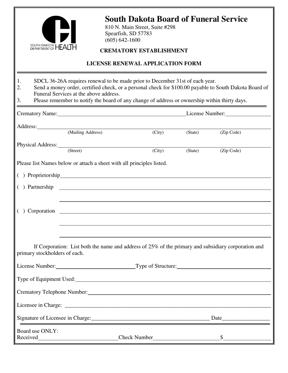 South Dakota Crematory Establishment License Renewal Application Form ...