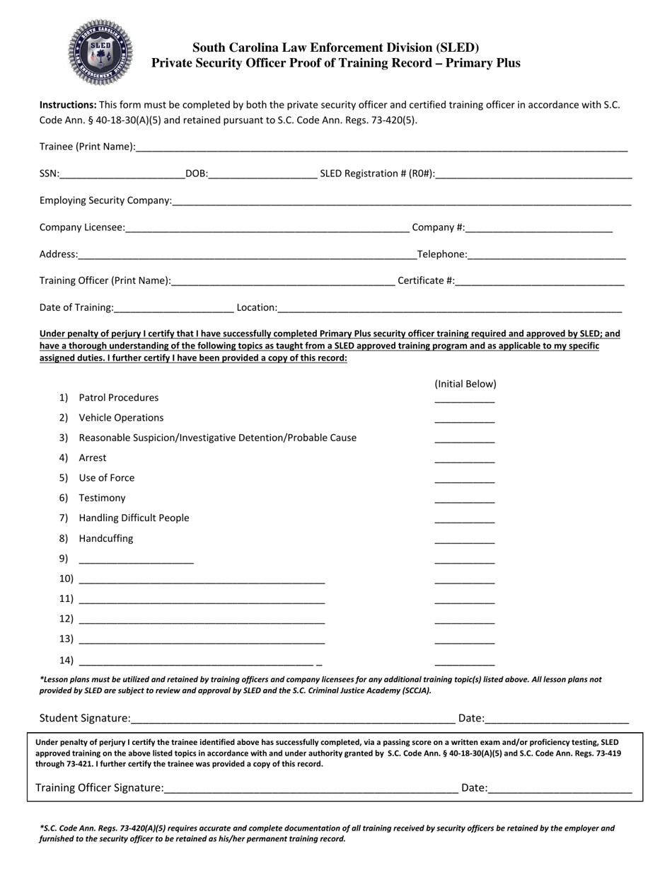 South Carolina Private Security Officer Proof of Training Record ...