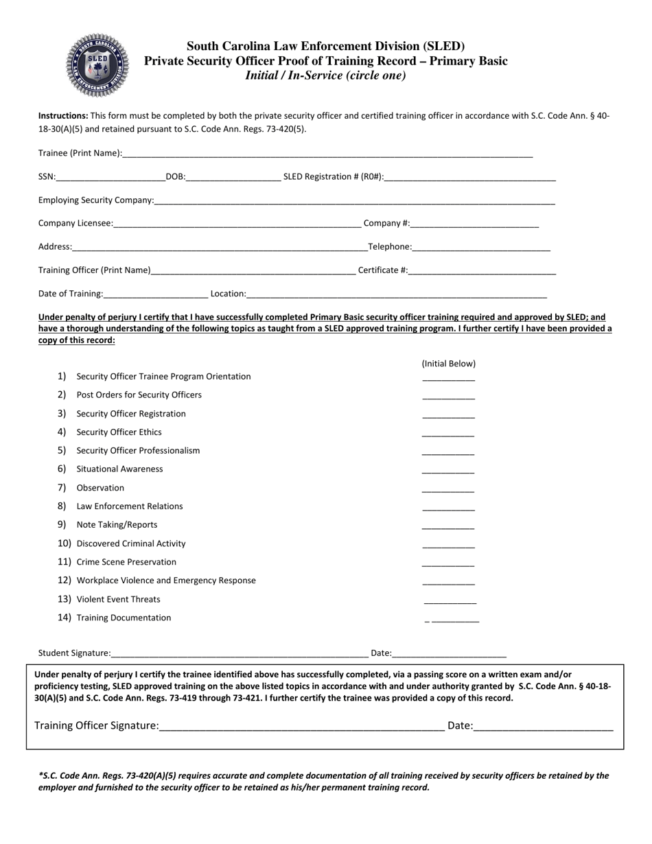 South Carolina Private Security Officer Proof of Training Record ...