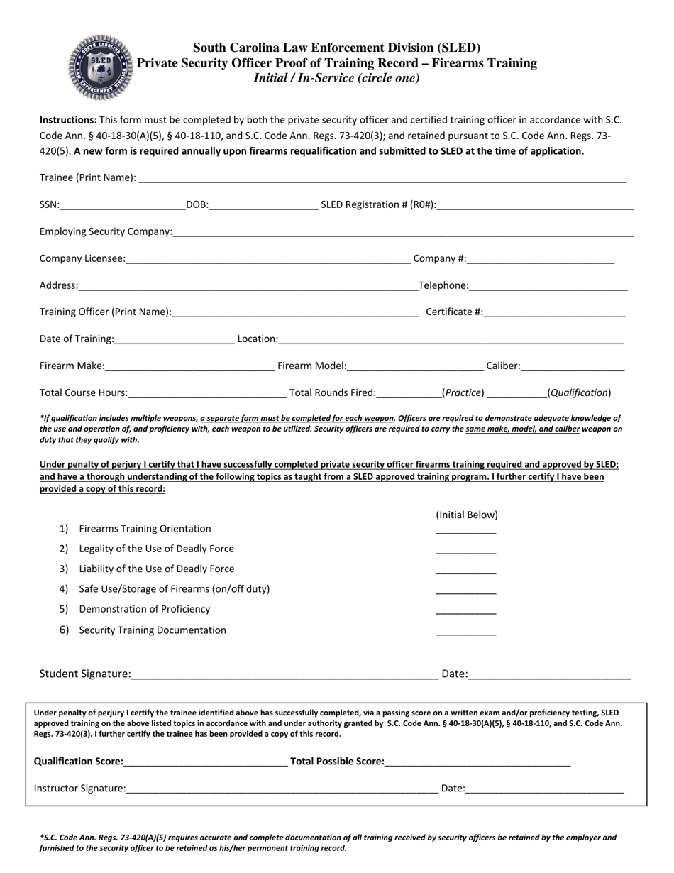 South Carolina Private Security Officer Proof of Training Record ...